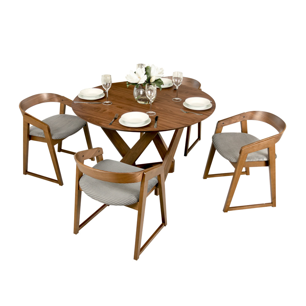 Mattia 5pc 120cm Round Dining Table Set Grey Fabric Seat Chair Walnut ...