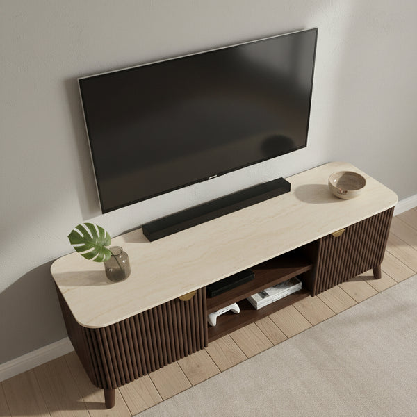 Milo 160cm ETU Entertainment TV Unit Sintered Stone Travertine Top Wal ...