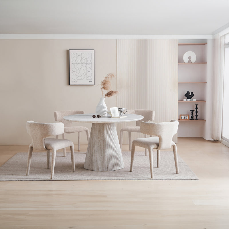 Yvon 5pc Dining Set 120cm Round Dining Table Ivory Boucle Fabric Chair ...